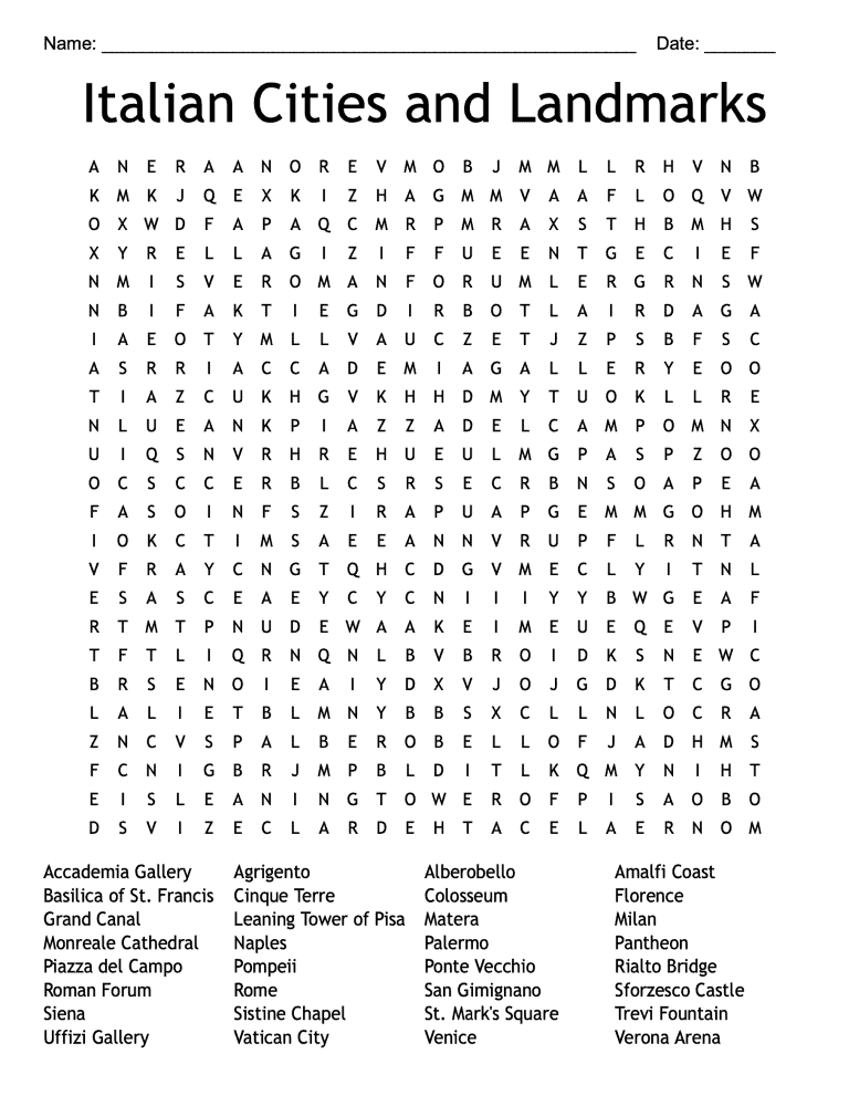 FREE PRINTABLE ITALY WORD SEARCHES -10 Puzzles on Food, Fashion, People ...