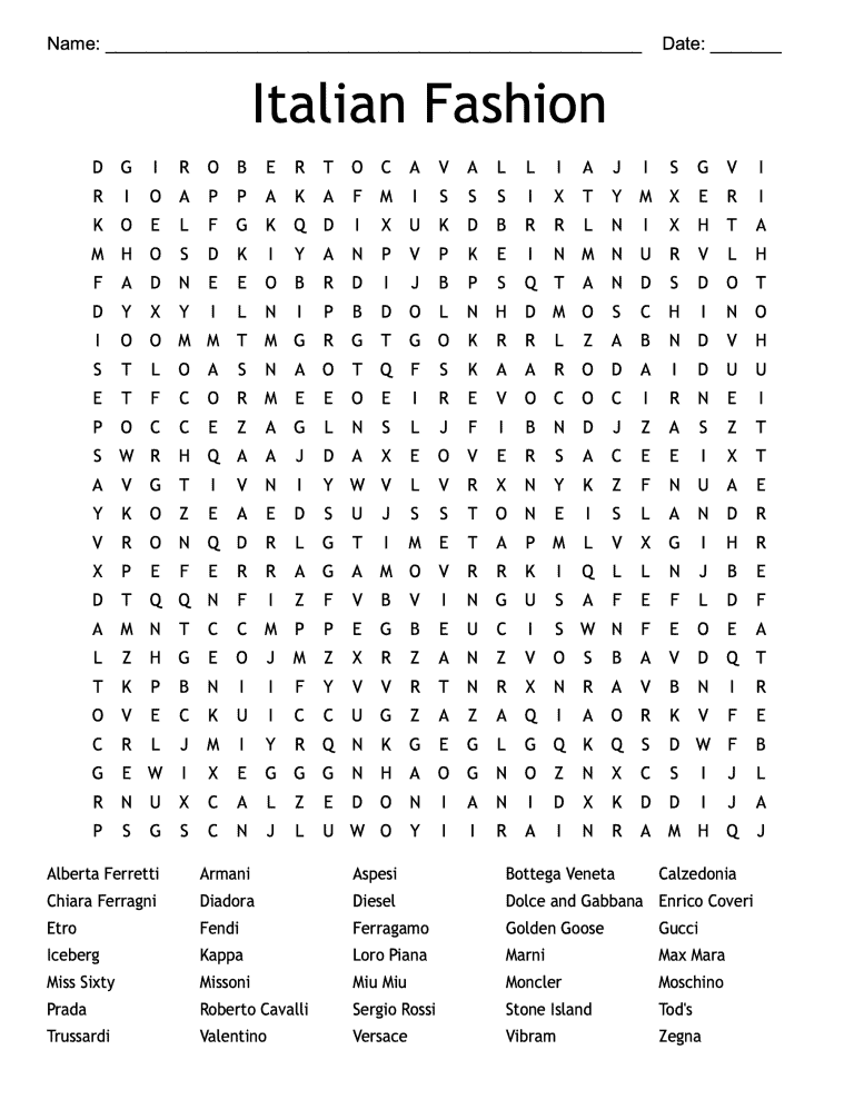 FREE PRINTABLE ITALY WORD SEARCHES -10 Puzzles on Food, Fashion, People ...