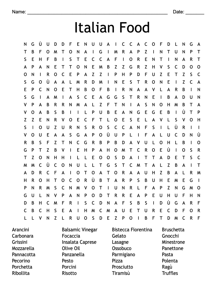 FREE PRINTABLE ITALY WORD SEARCHES -10 Puzzles on Food, Fashion, People ...