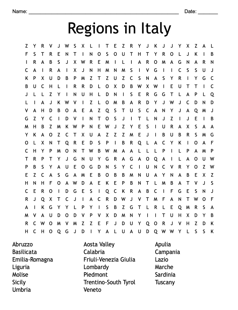 FREE PRINTABLE ITALY WORD SEARCHES -10 Puzzles on Food, Fashion, People ...